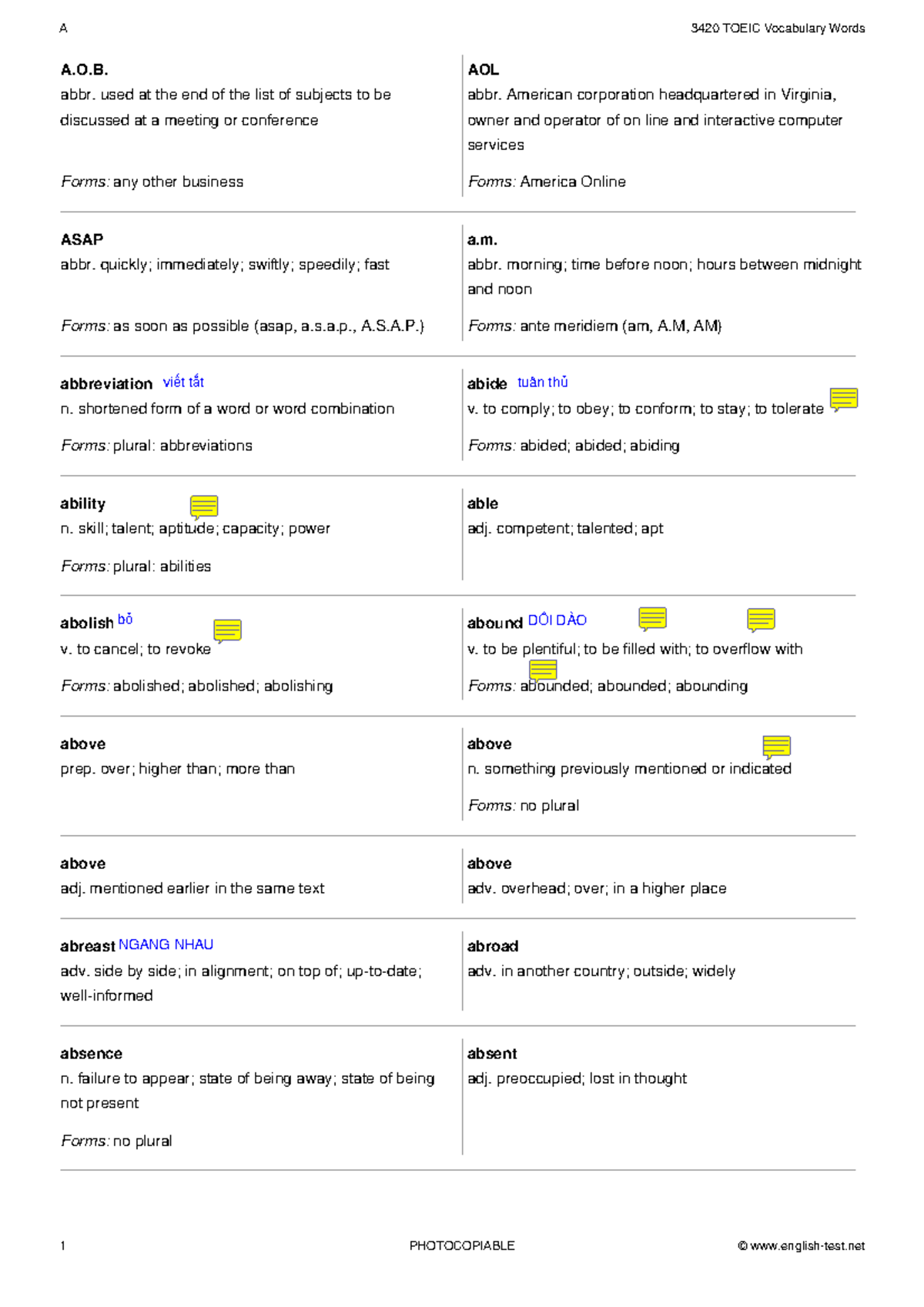 A 3420 TOEIC Vocabulary Words List for A1 Level Students - Studocu