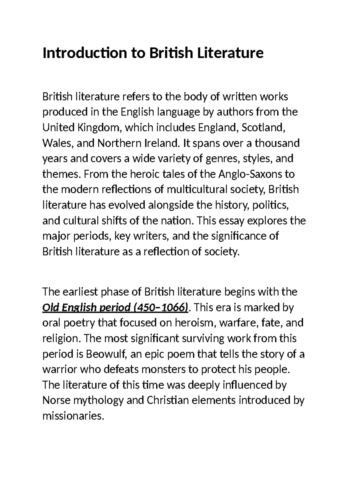 British Literature: An Overview of Its Evolution and Impact - Studocu