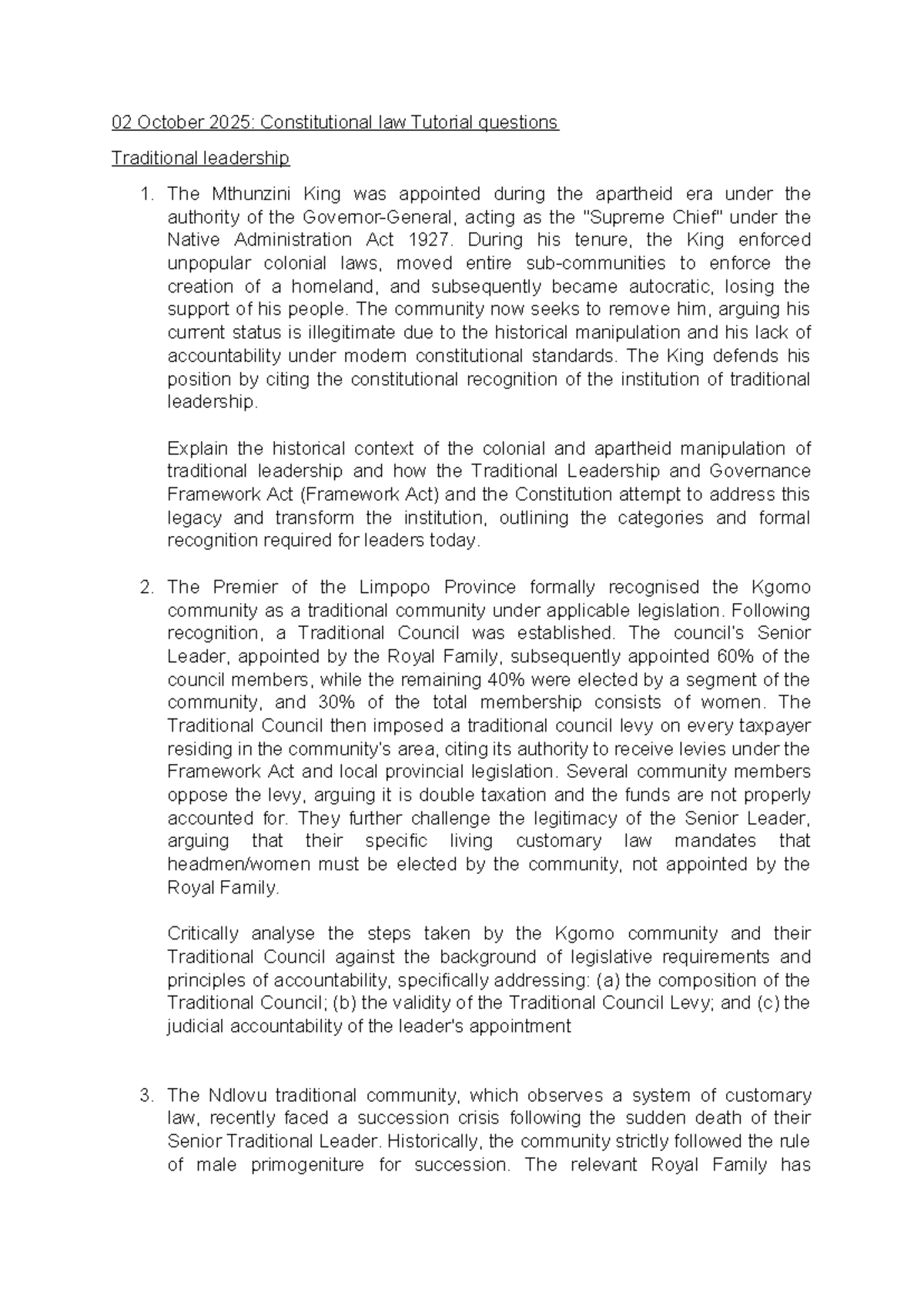 Constitutional Law Tutorial Questions: Traditional Leadership Issues ...