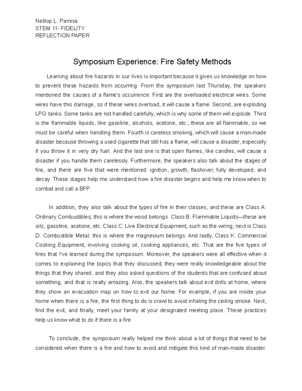 Reflection paper - Nelilop L. Pamisa STEM 11- FIDELITY REFLECTION PAPER ...