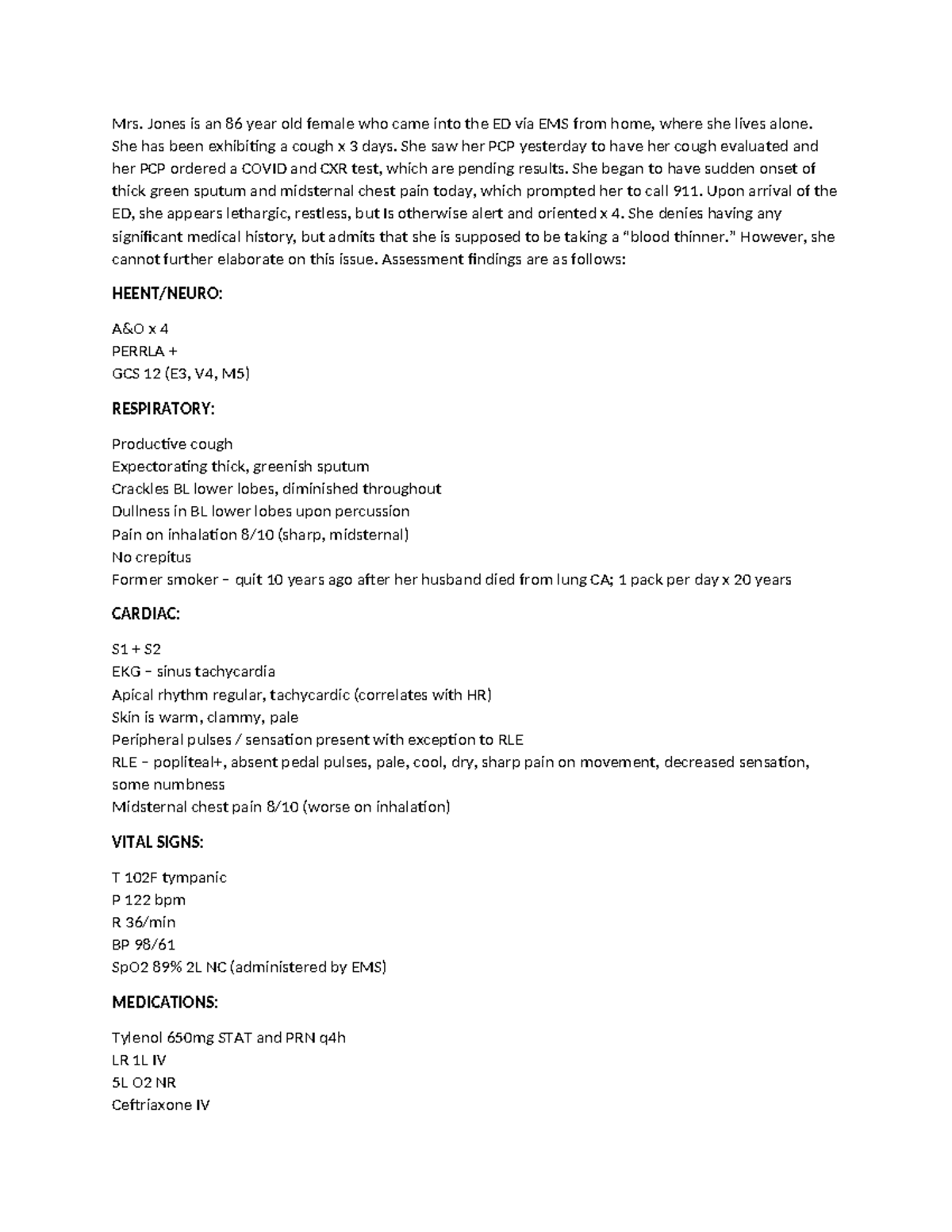 Mrs. Jones Case Study: PNA and Stroke Risk Evaluation - Studocu
