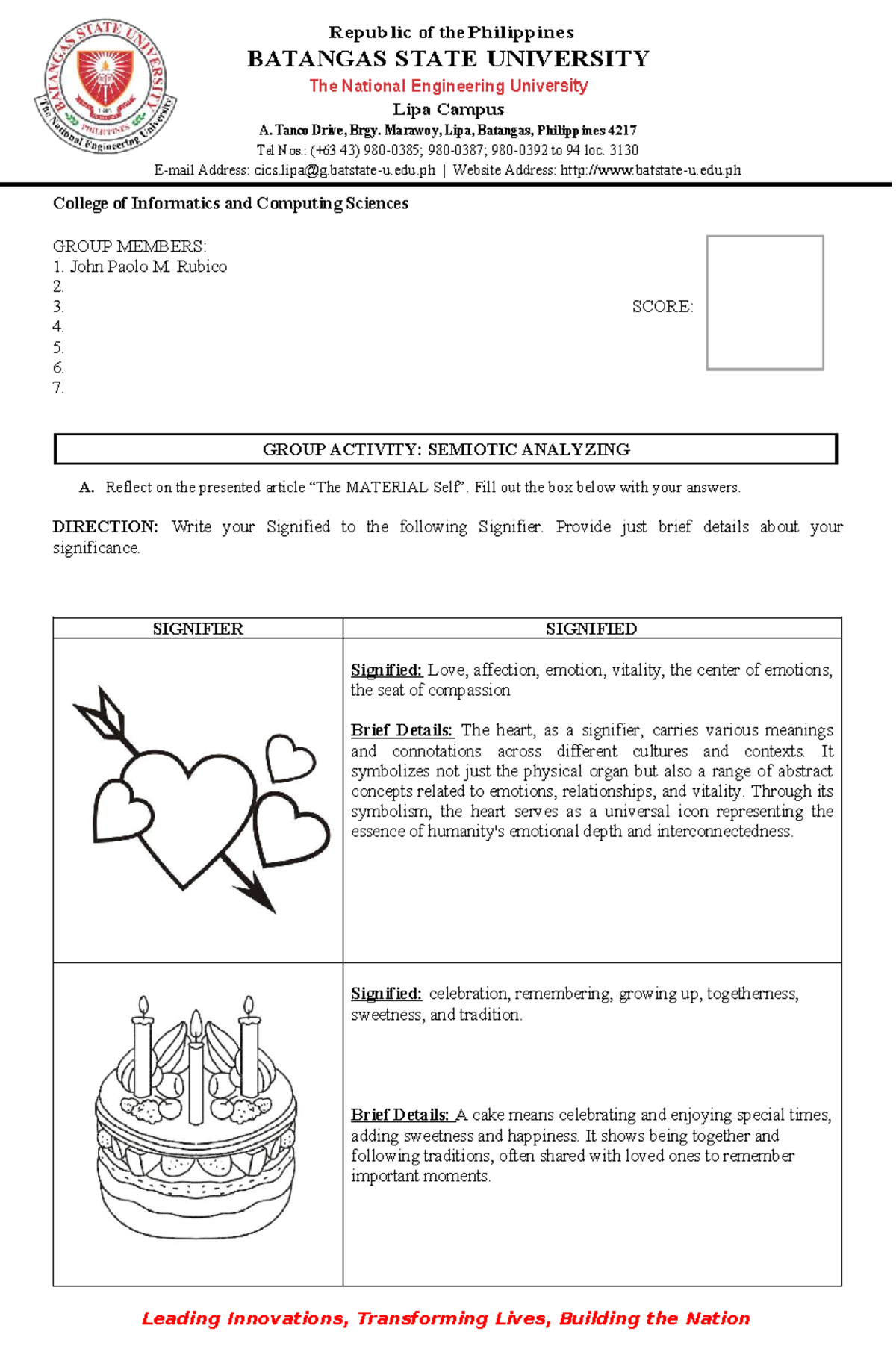 Semiotic Analysis Group Activity - BSU CICS - Studocu