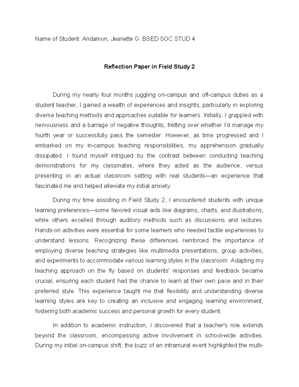 Reflection Paper - Name of Student: Andamon, Jeanette G. BSED SOC STUD ...