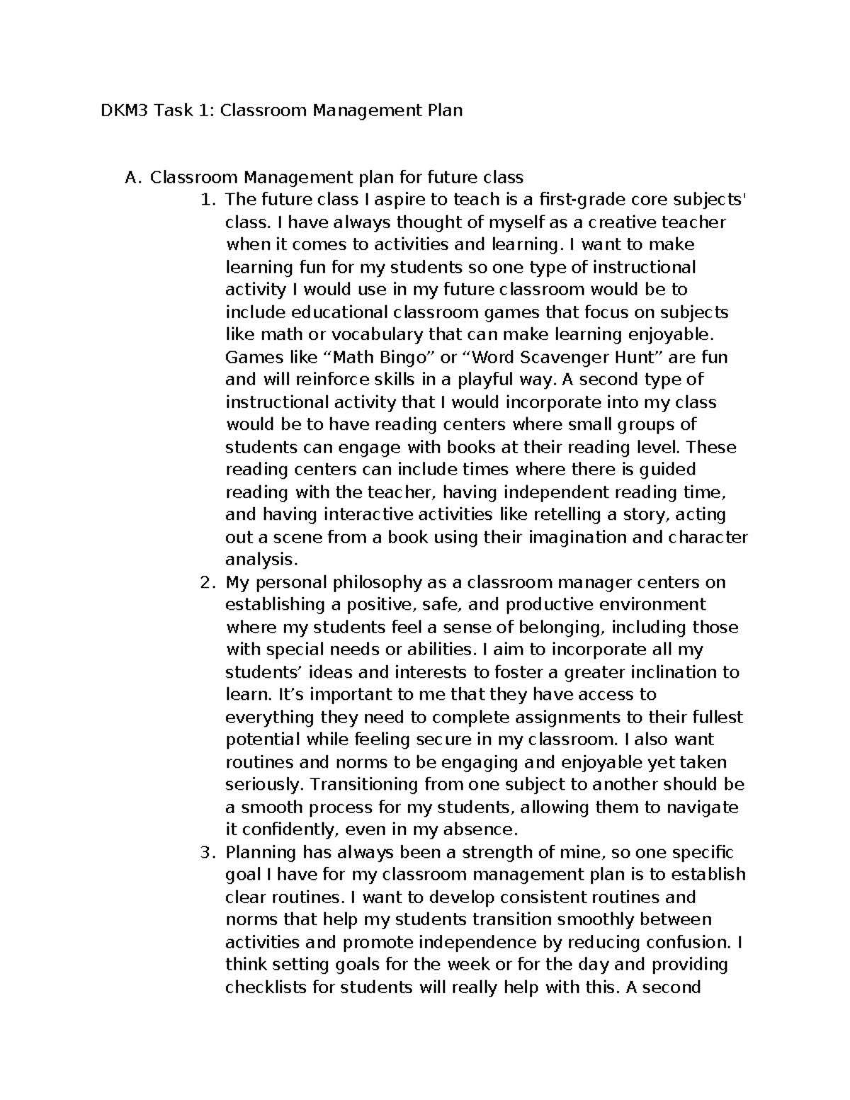 DKM3 Task 1 Classroom Management Plan - Classroom Management plan for ...