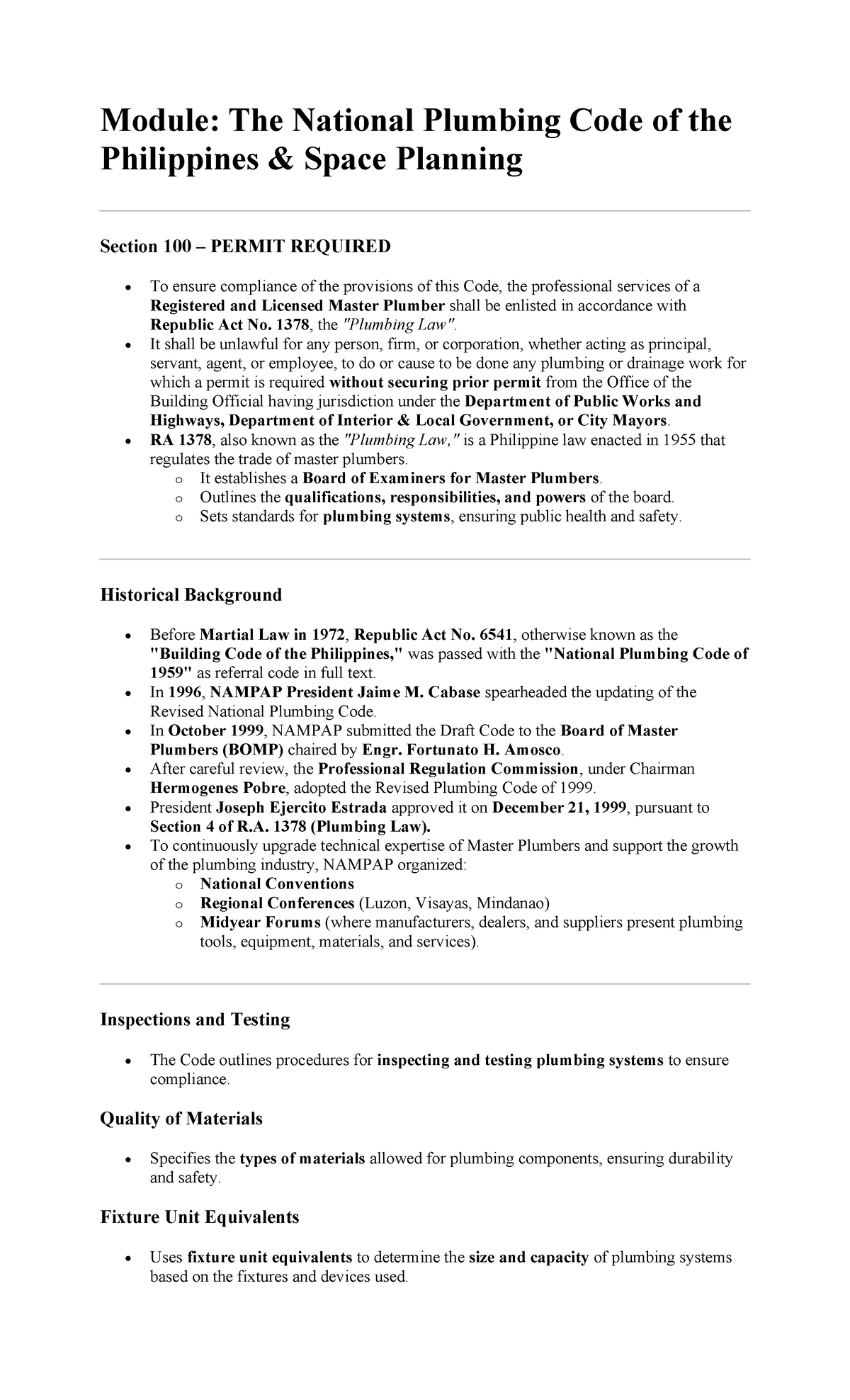 Module: National Plumbing Code of the Philippines - Space Planning & Permits - Studocu