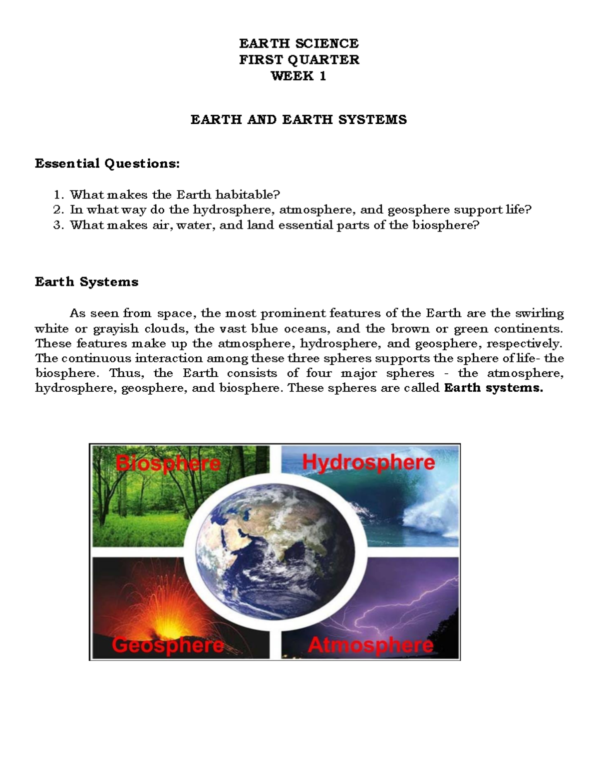 Earth Science Week 1-1 Notes for Gr 11: Earth's Systems Explained - Studocu