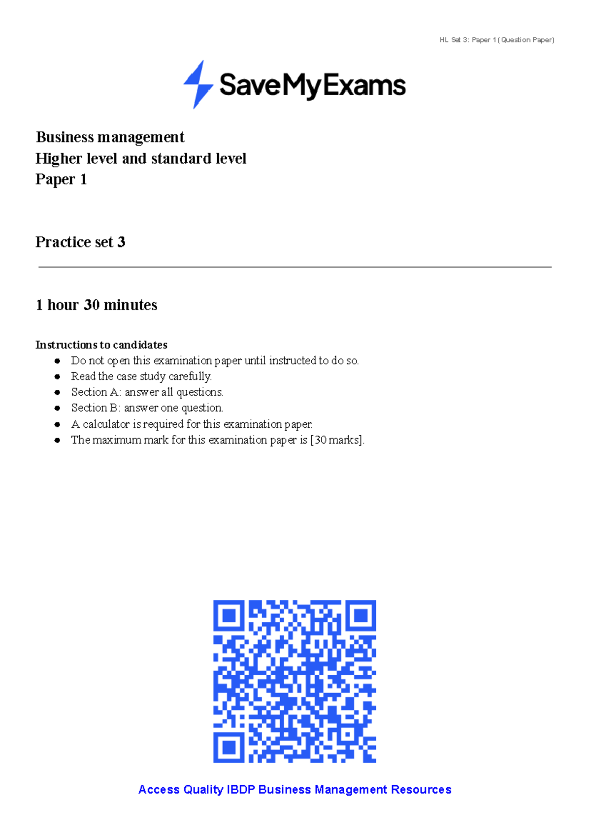 HL Set 3: Business Management Paper 1 Practice Questions and Case Study ...
