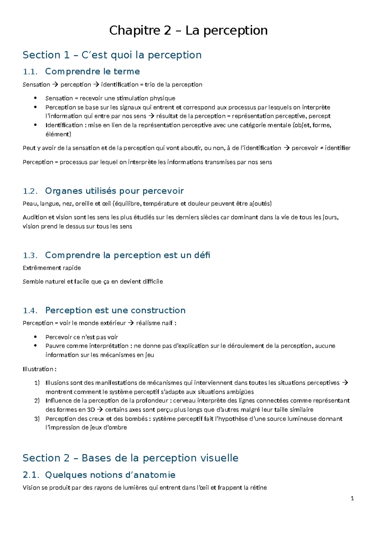 Chapitre 2 - La perception - Chapitre 2 – La perception Section 1 – C ...