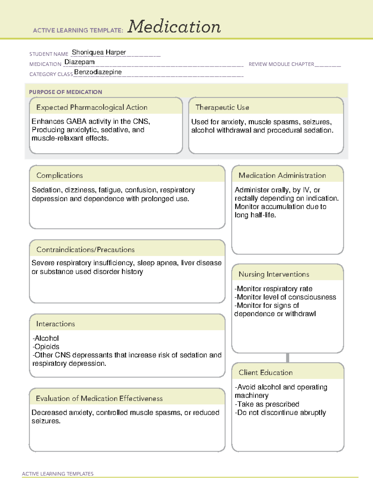 ACTIVE LEARNING TEMPLATE: Diazepam Drug Card Review Module - Studocu