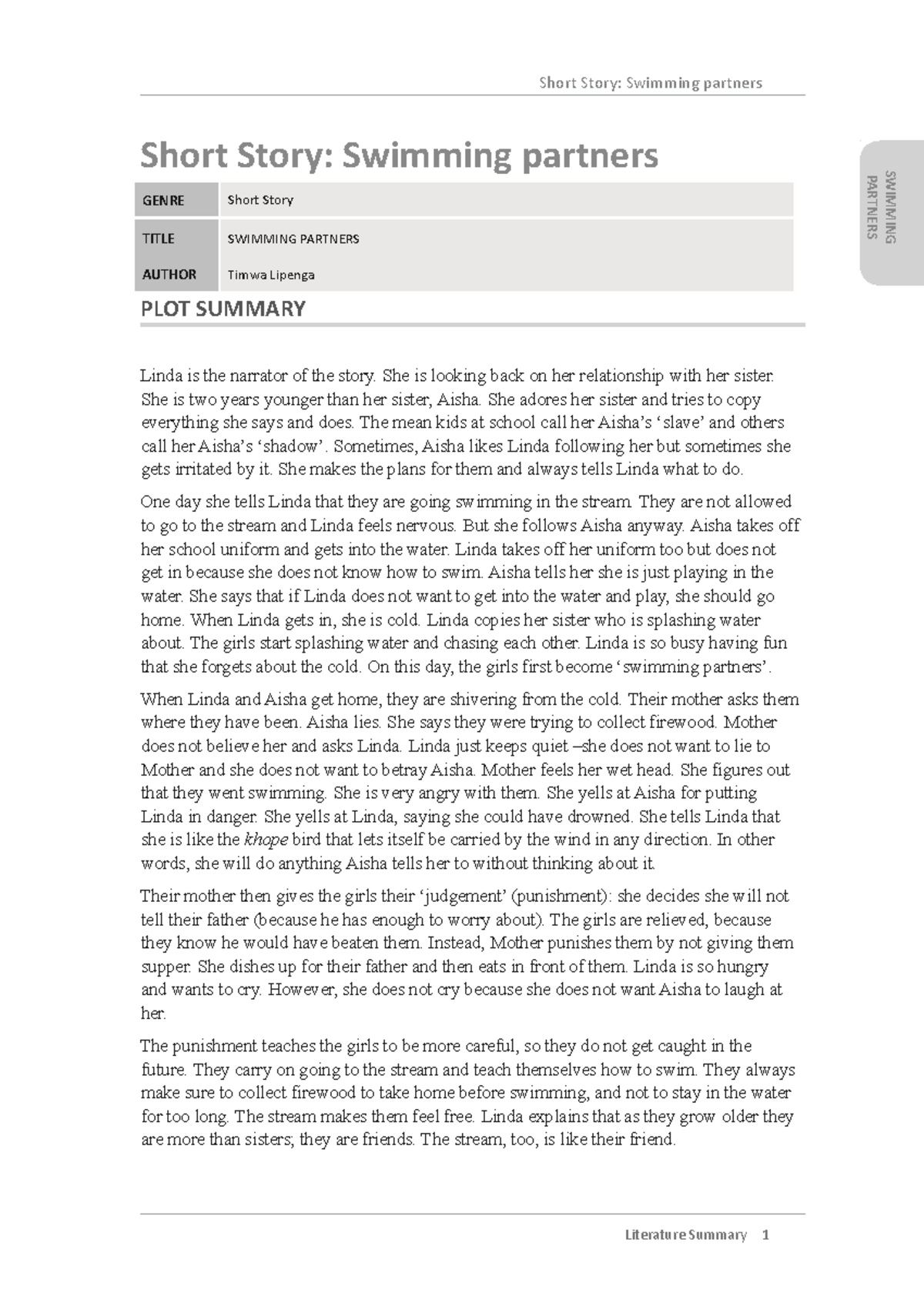 SWIMMING PARTNERS: A Study of Timwa Lipenga's Short Story - Studocu