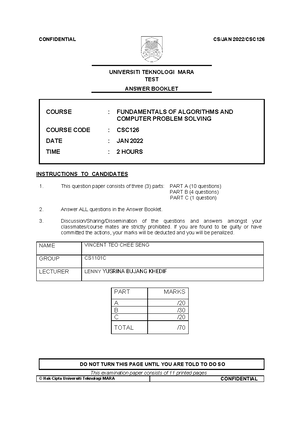 CSC126 QUIZ OCT2022- Revision- Suggested Answer - CSC126 – Fundamentals of Algorithms and ...