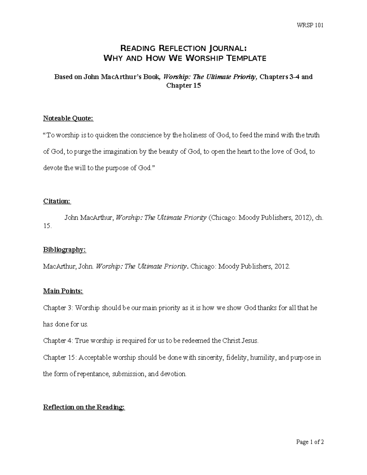 WRSP 101 Reading Reflection Journal: Why & How We Worship - Studocu