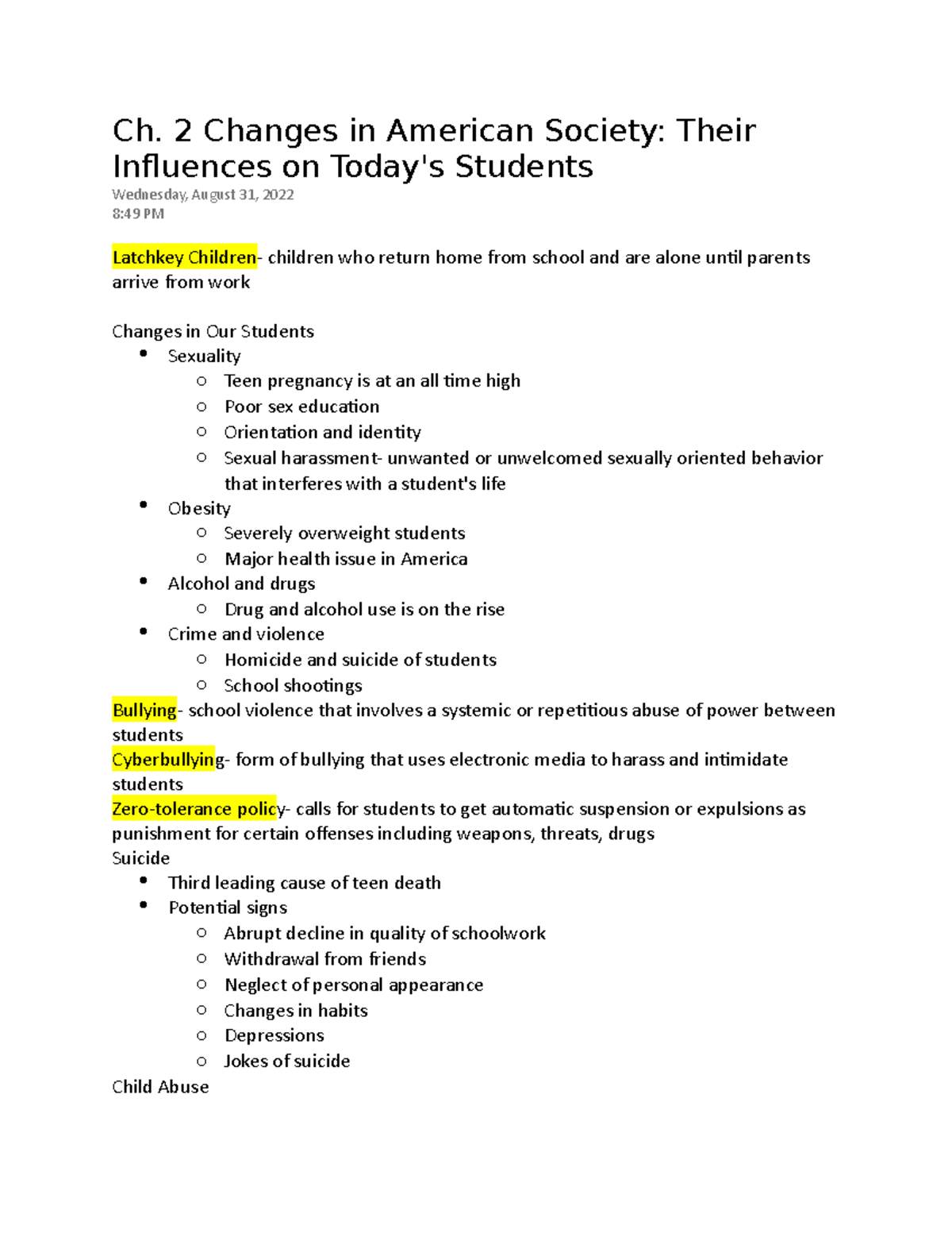 Ed-100 Ch. 2 - Changes in American Society & Student Influences - Studocu