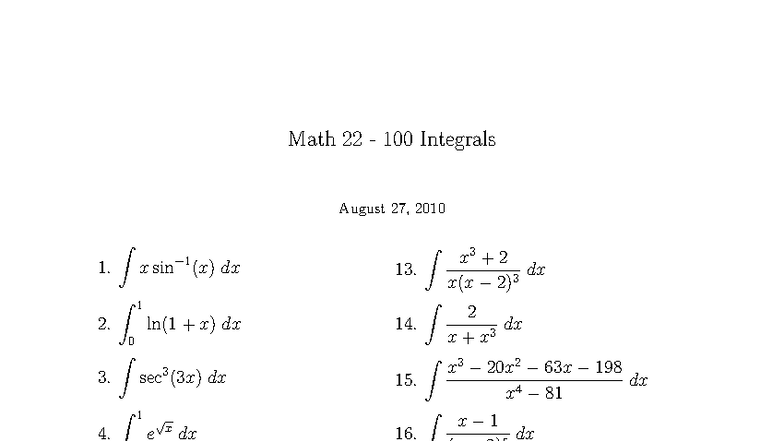 Math 22 - 100 Integration Problems Solutions - Studocu