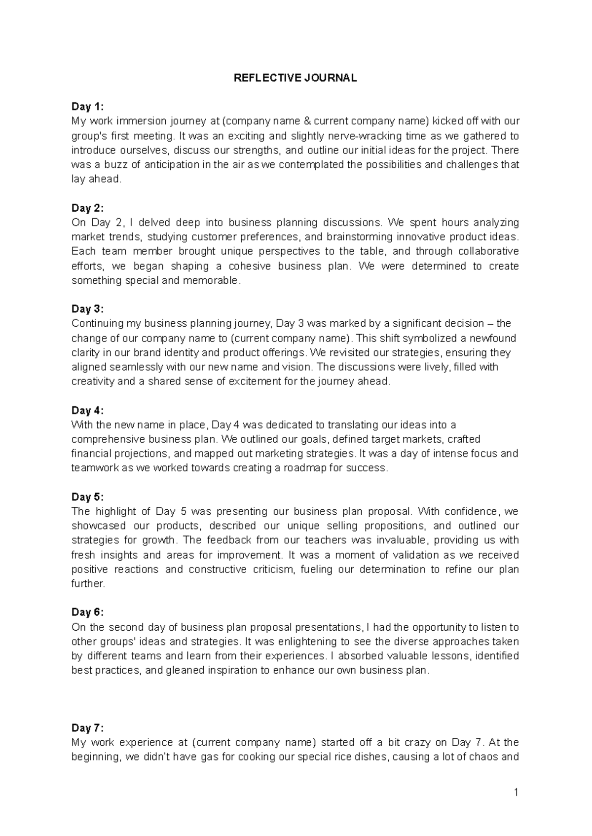 Business Journal for WORK Immersion: Reflective Insights - Studocu