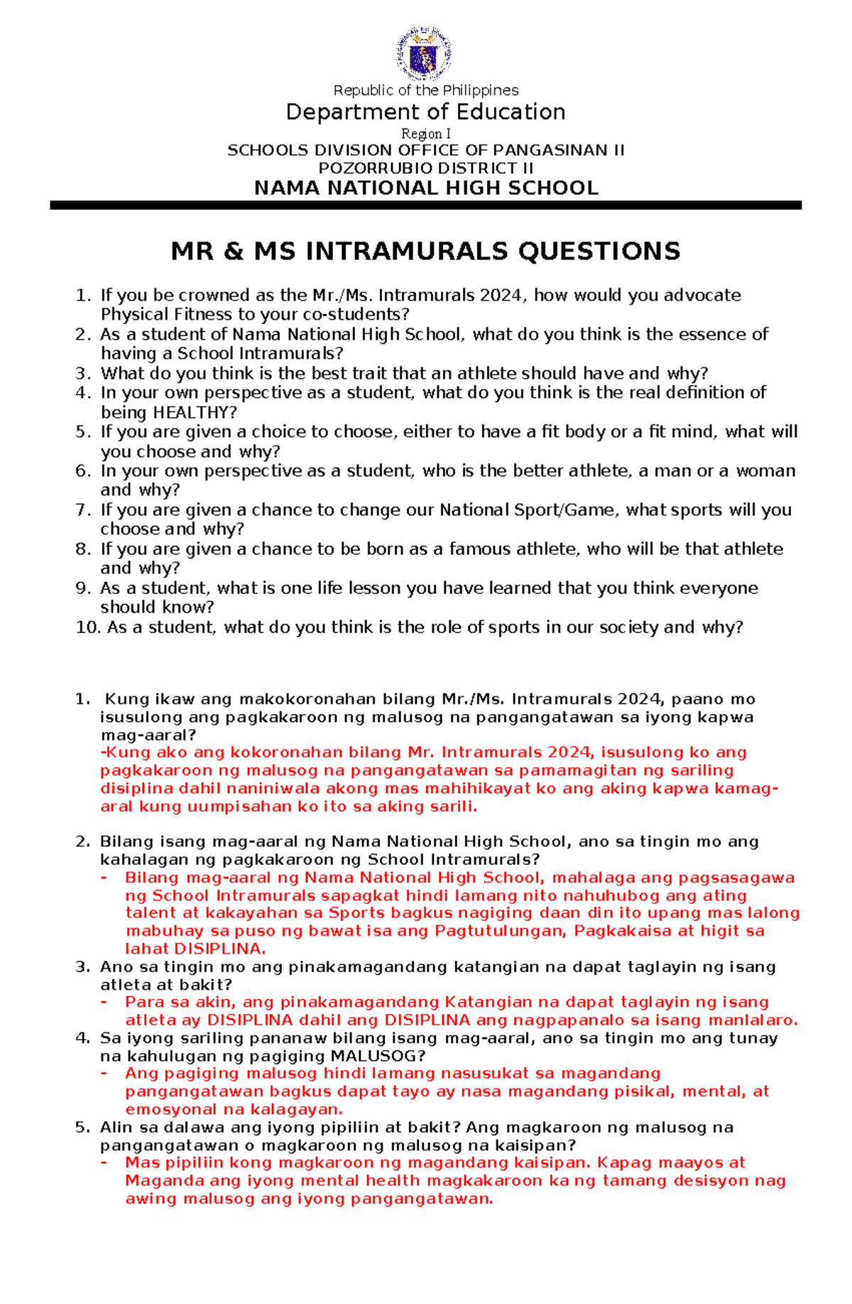 MR & MS Intramurals 2024 Questions - Nama National High School - Studocu