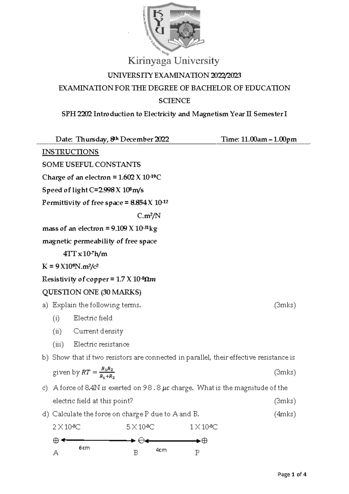 SPH 2202 Final Exam: Introduction to Electricity and Magnetism - Studocu