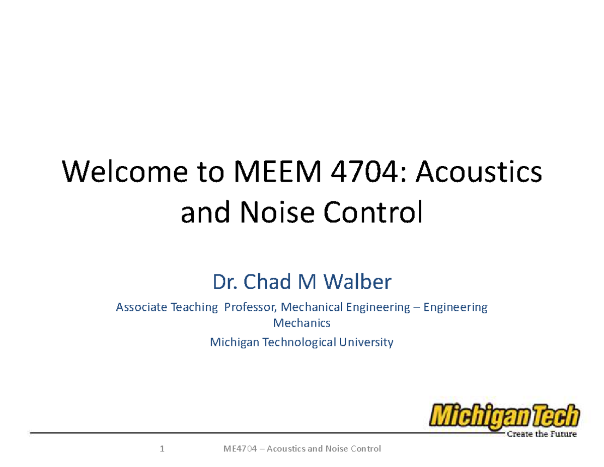 ME4704 - Acoustics and Noise Control: Understanding Noise Effects and ...