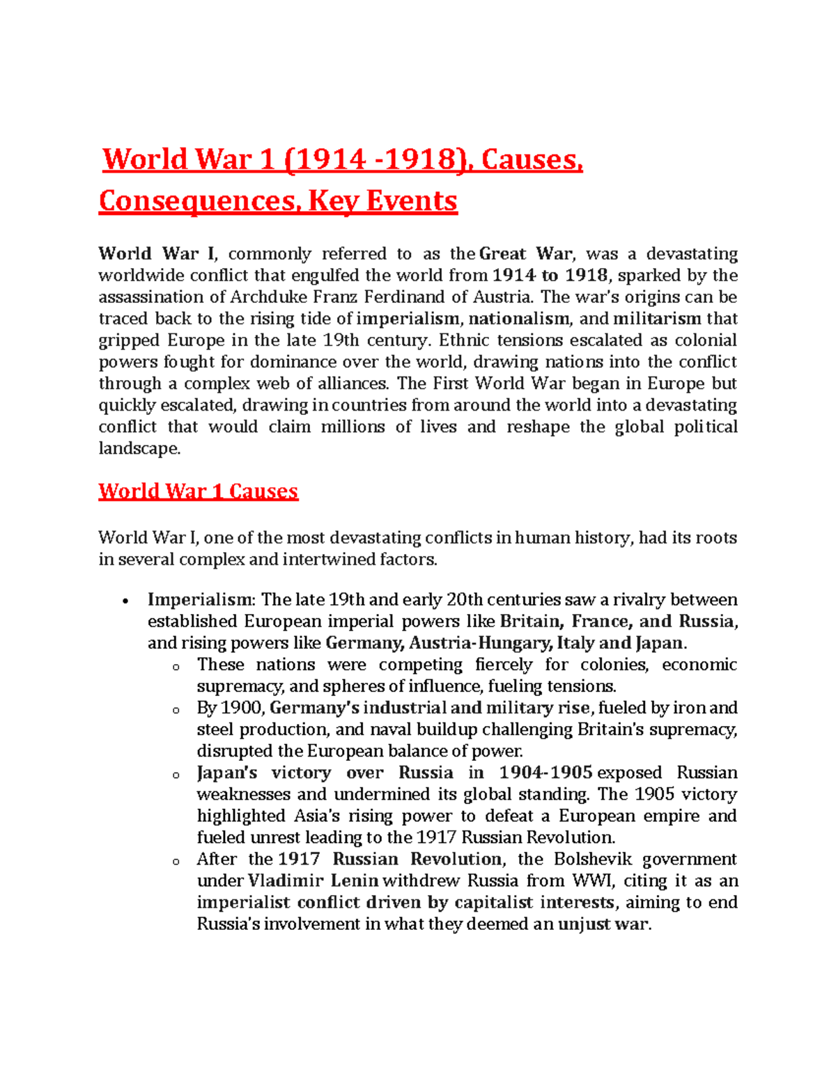 World War I (HIST 101) Causes, Consequences, and Key Events Overview ...