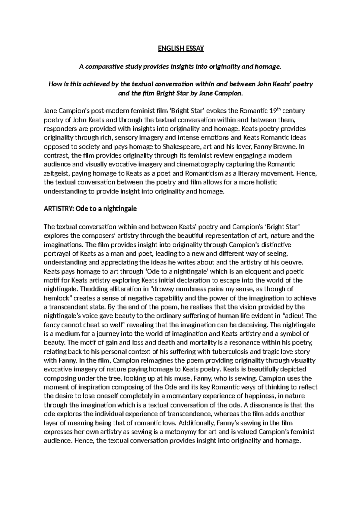ENGLISH ESSAY: Originality and Homage in Keats and Bright Star - Studocu