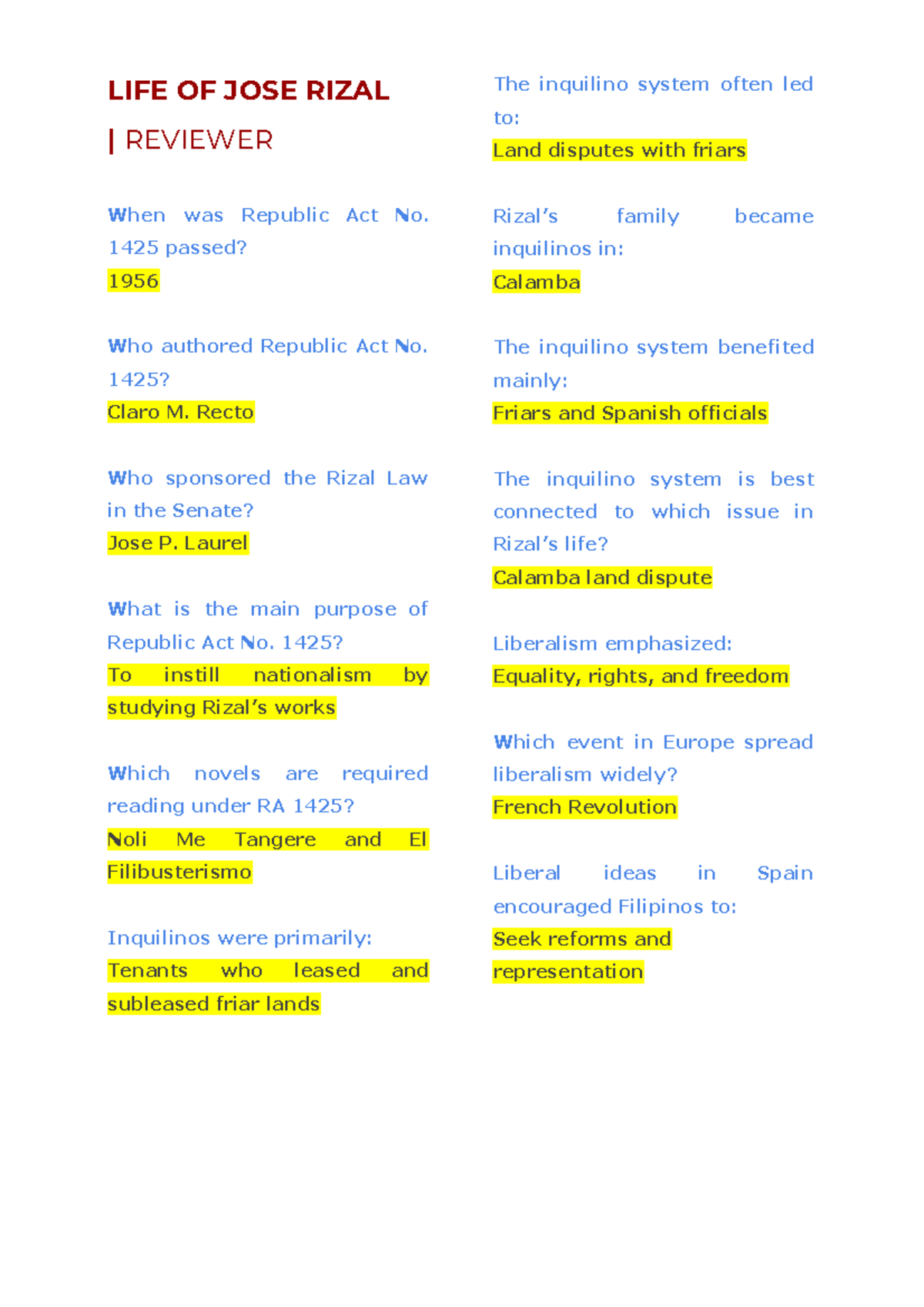 Reviewer: Life of Jose Rizal (RA 1425) and the Inquilino System - Studocu