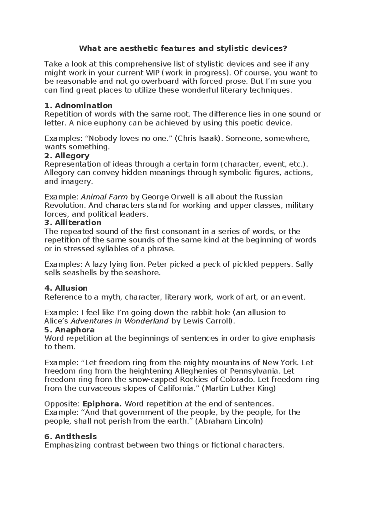 Aesthetic Features and Stylistic Devices Overview for Writing WIP - Studocu