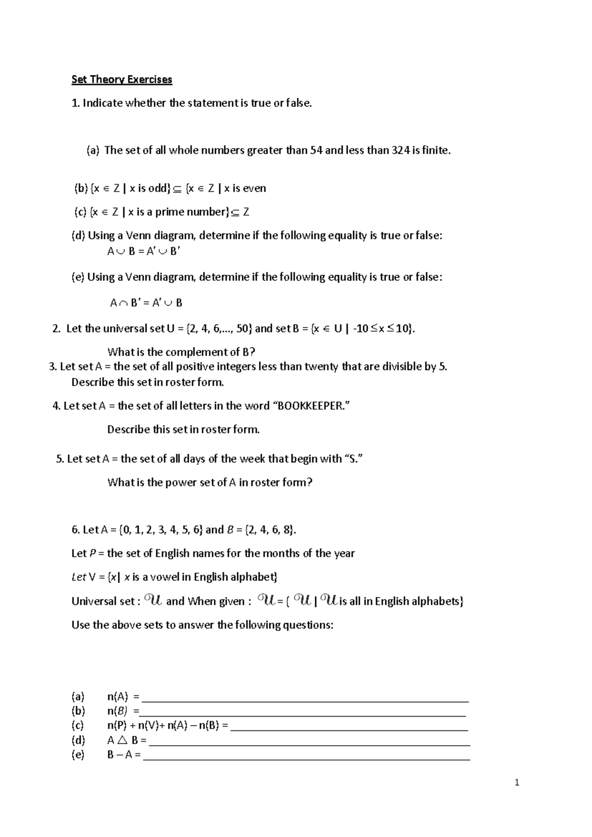Chapter 4 - Set Theory Exercises and True/False Statements - Studocu