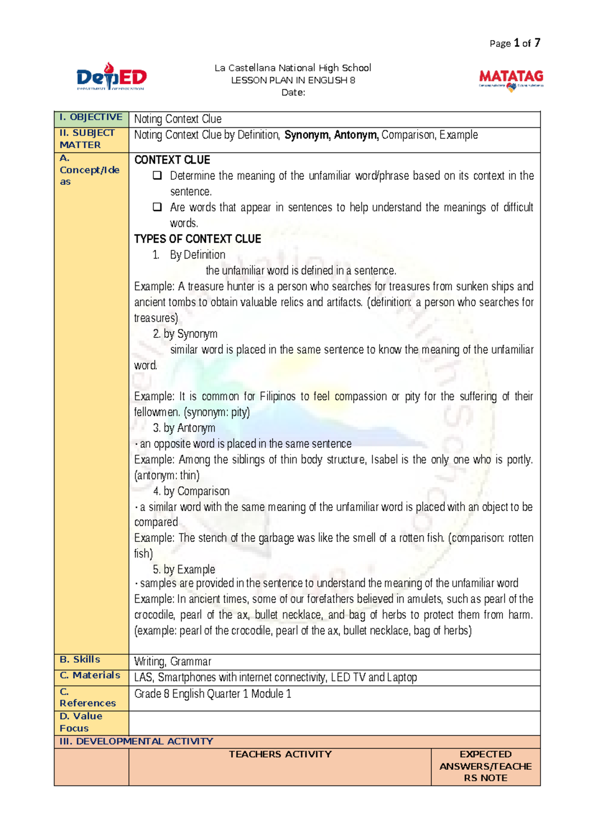 Q1 W1 Context Clue Lesson Plan - English 8 MELC Based - Studocu