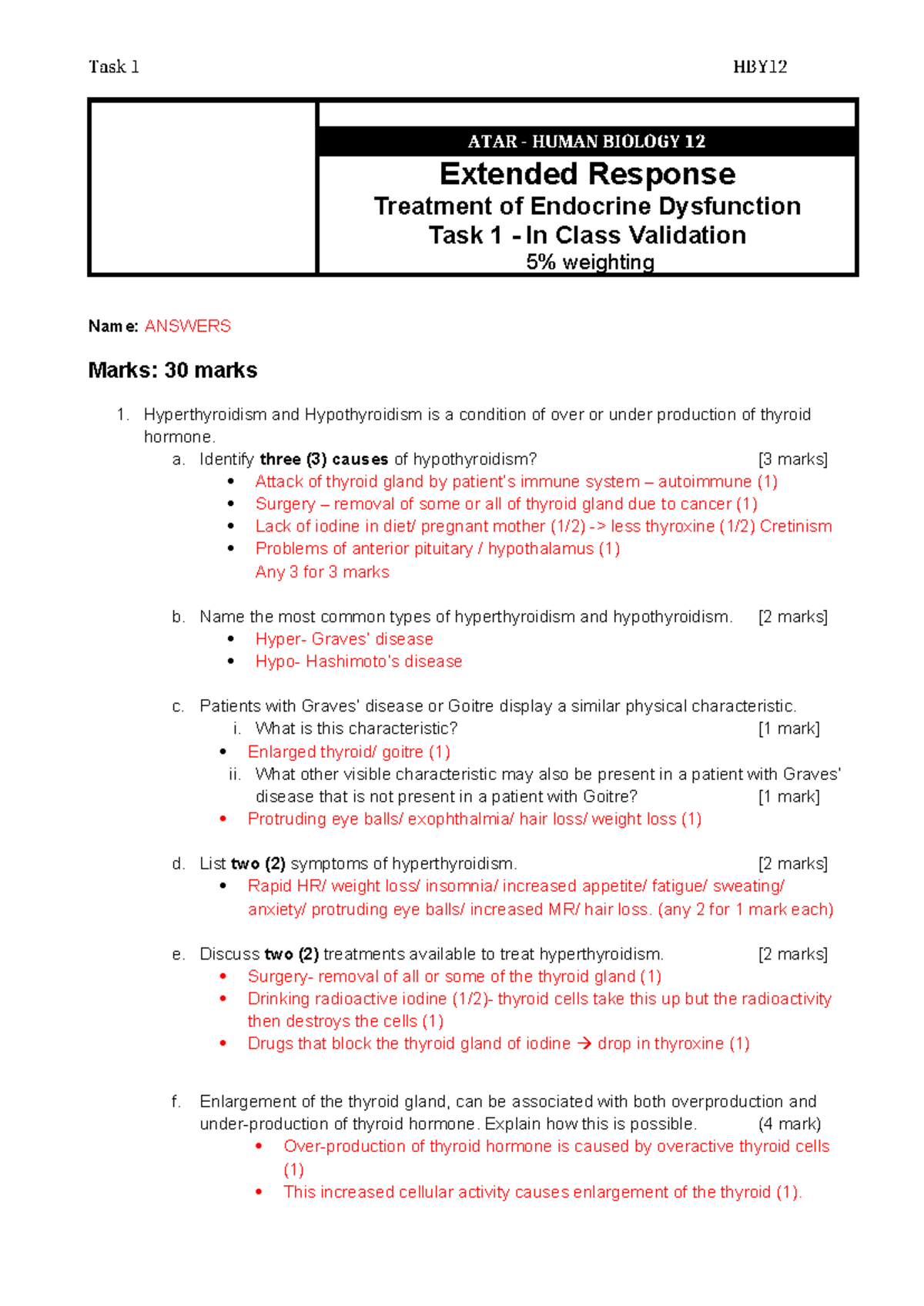 Task 1 H12 ATAR HUMAN BIOLOGY 12 Extended Response: Endocrine ...