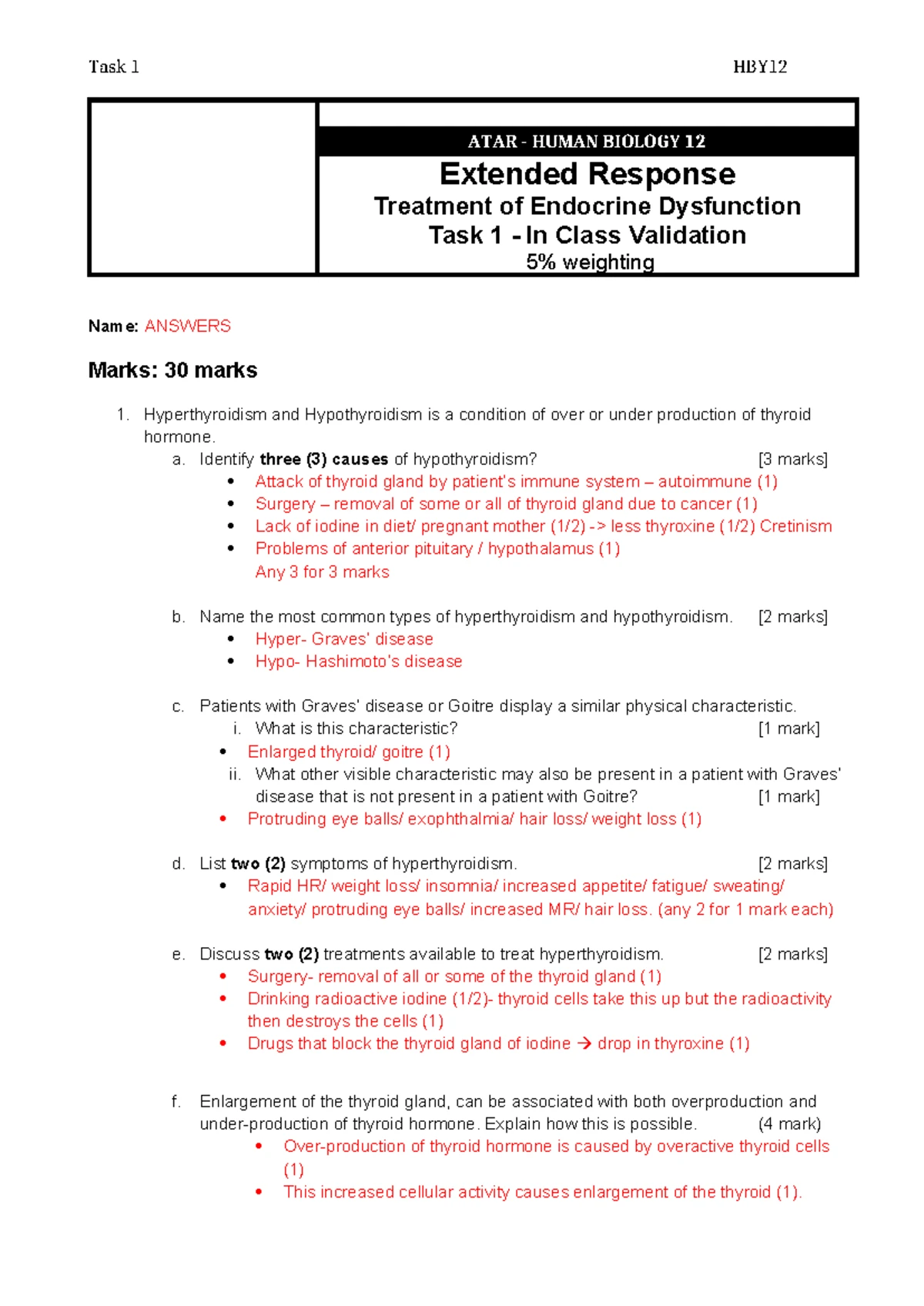 Task 1 H12 ATAR HUMAN BIOLOGY 12: Endocrine Dysfunction Research - Studocu