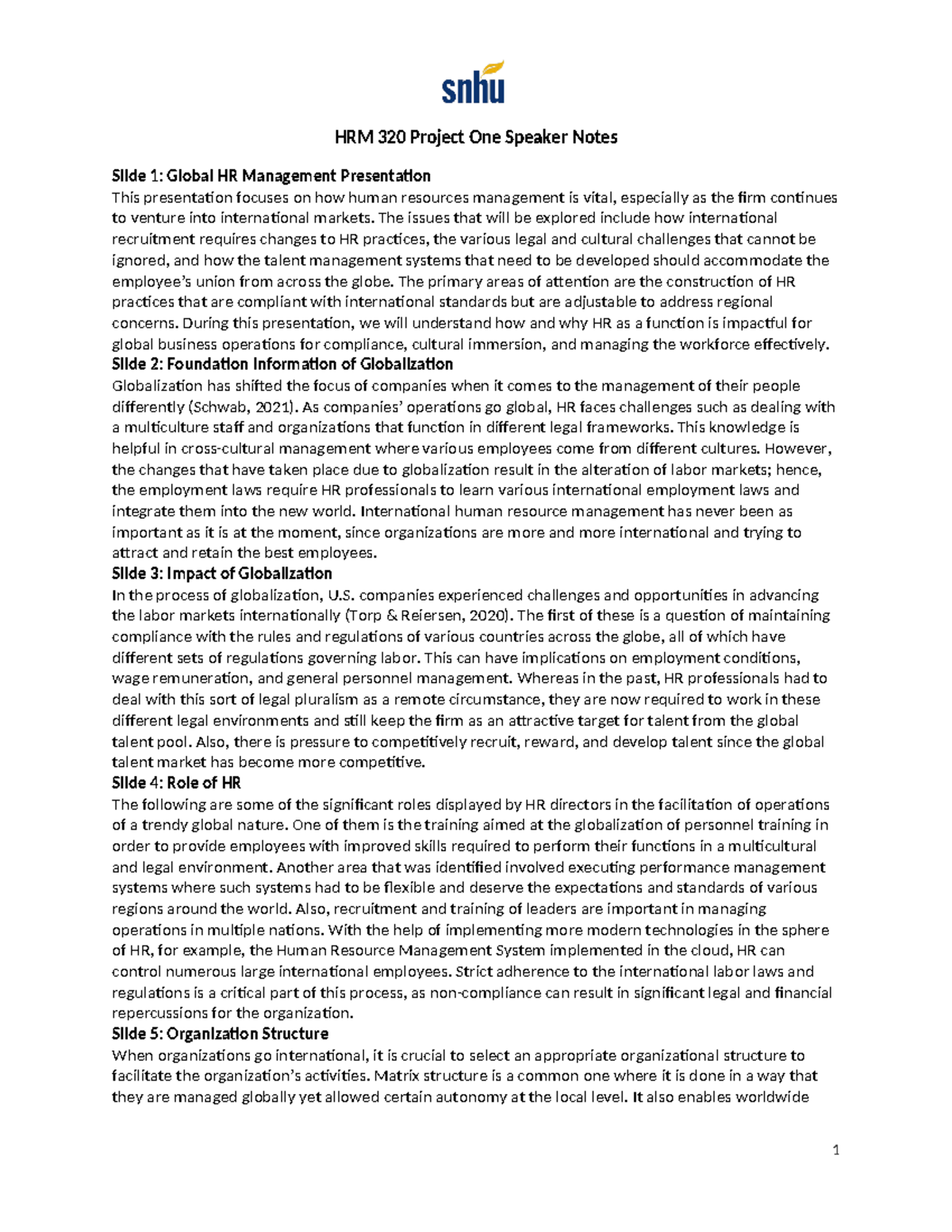 HRM 320 Project One Global HR Management Speaker Notes - Studocu