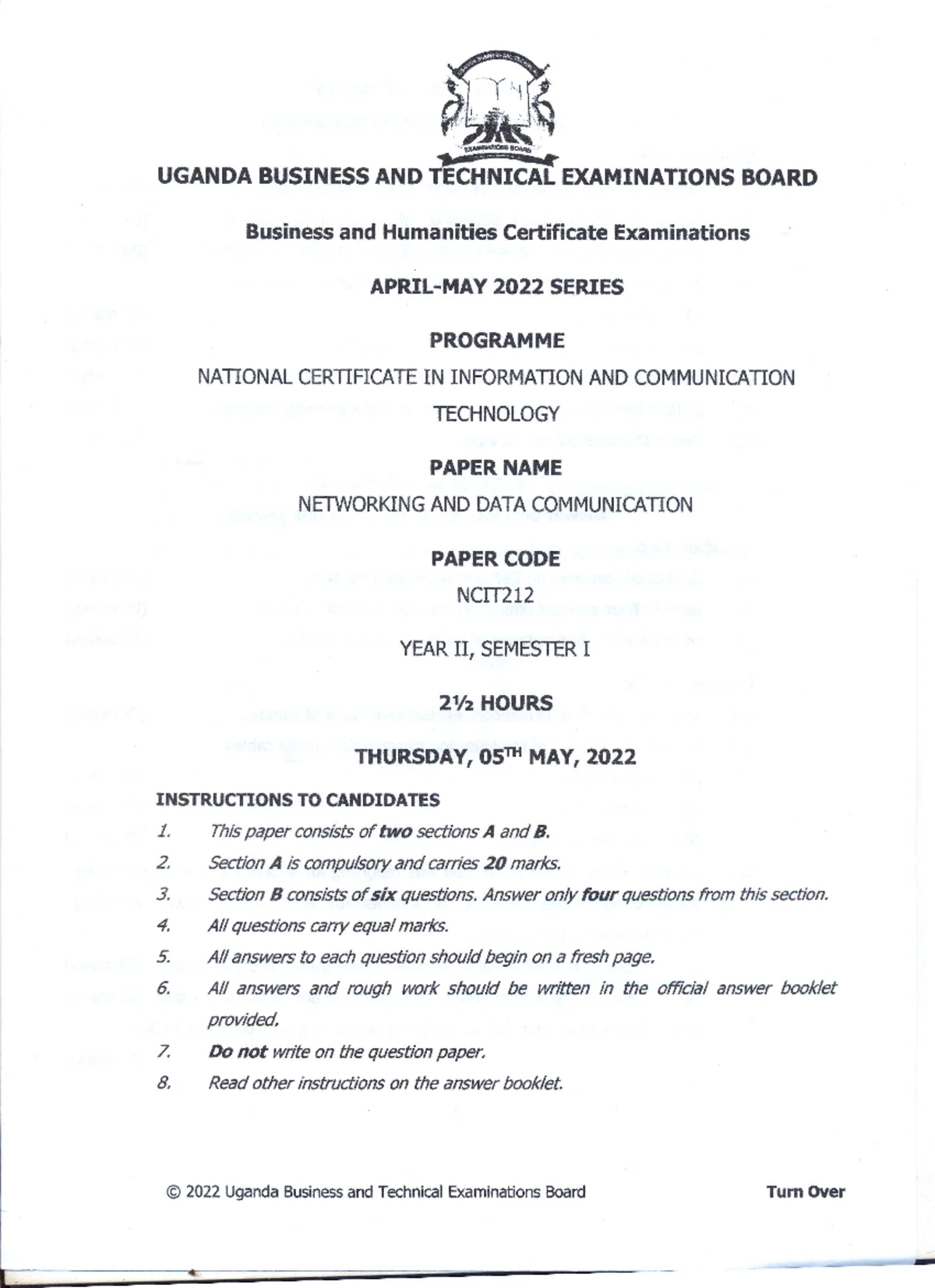 Ubteb PAST Paper NCIT212: Network & Data Comm Exam MAY 2022 - Studocu