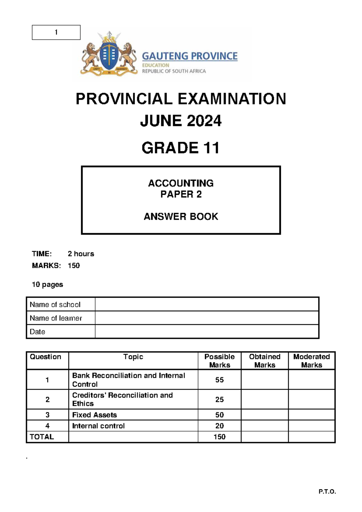Gr 11 Accounting P2 June 2024 Provincial Exam Answer Book - Studocu