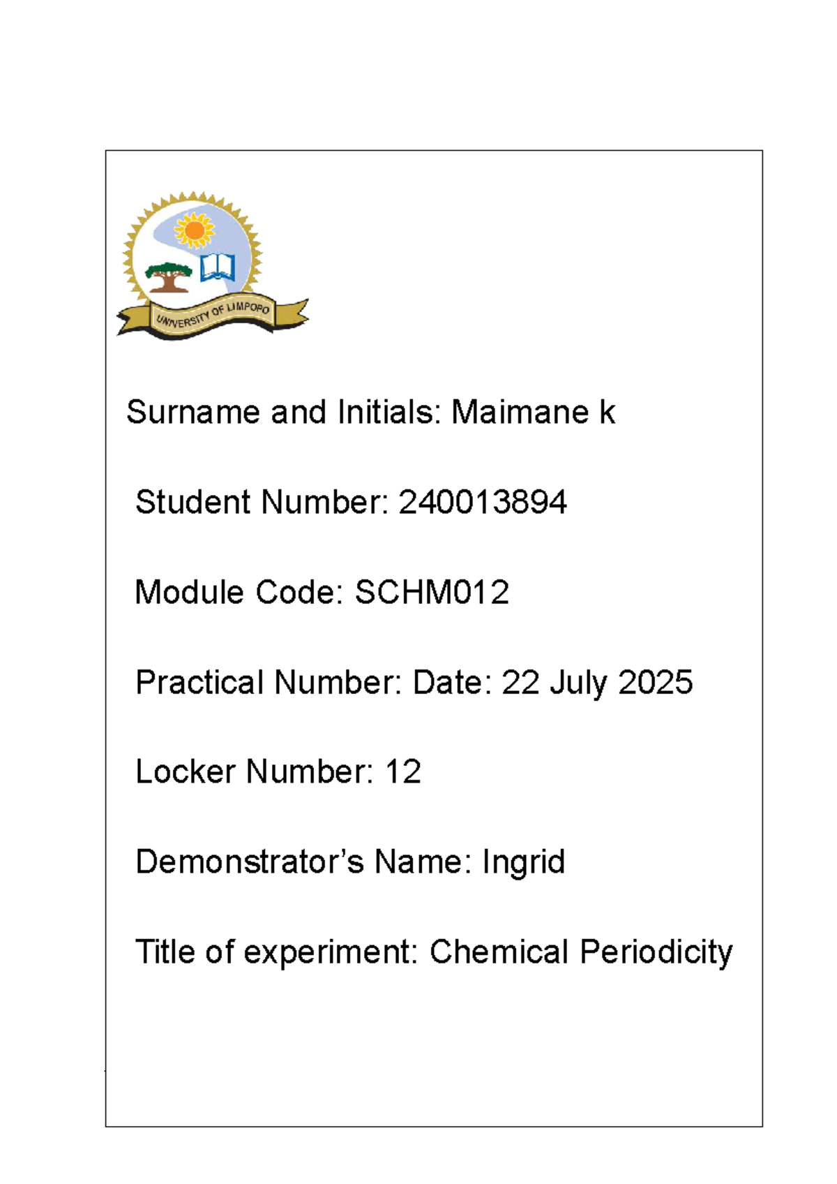 CHEM012 Practical Report: Chemical Periodicity and Reactivity - Studocu