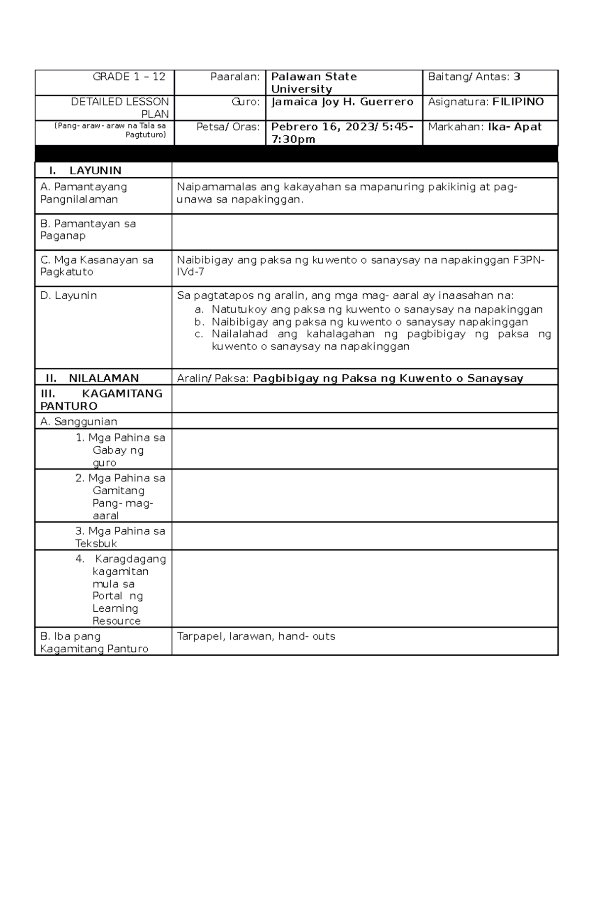 Grade 3 Panitikan Lesson Plan: Pagbibigay ng Paksa ng Kuwento - Studocu