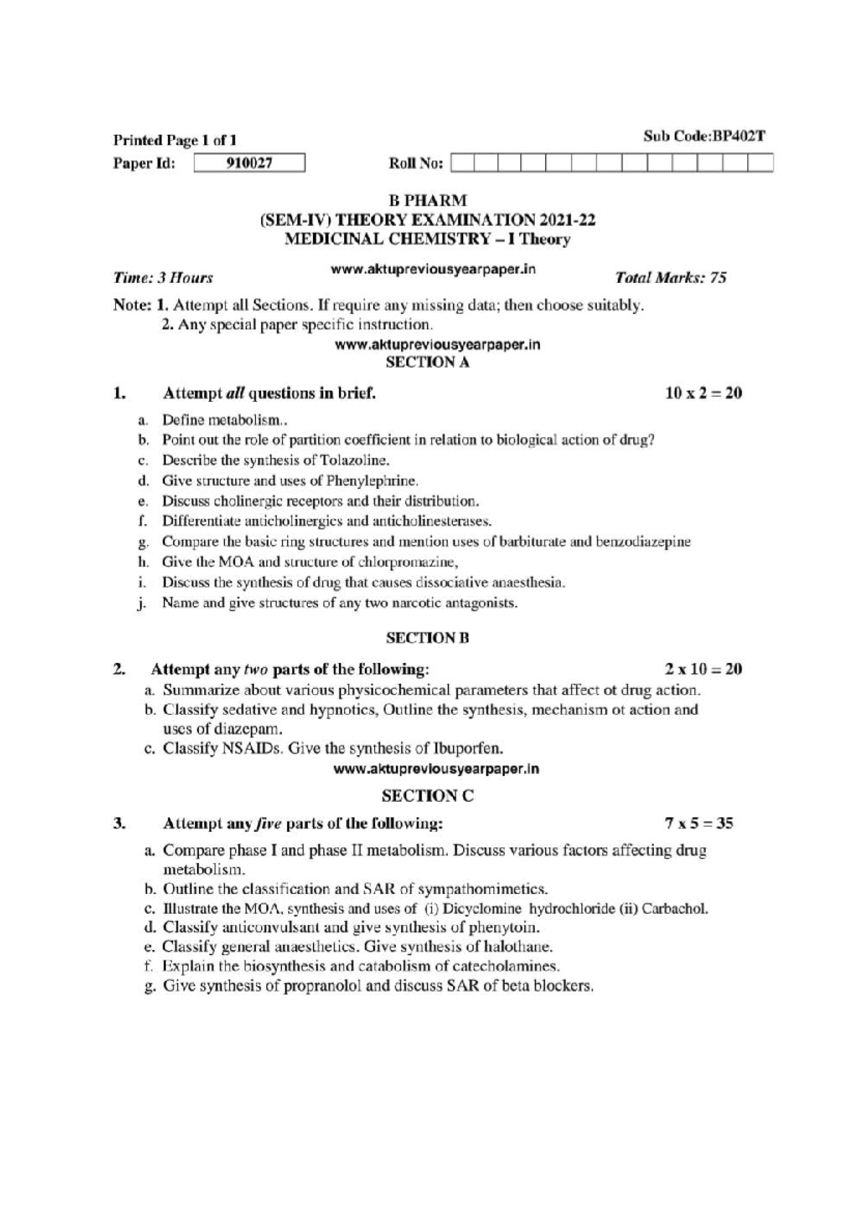 BP402T Medicinal Chemistry I Theory Exam Notes - 2021-22 - Studocu