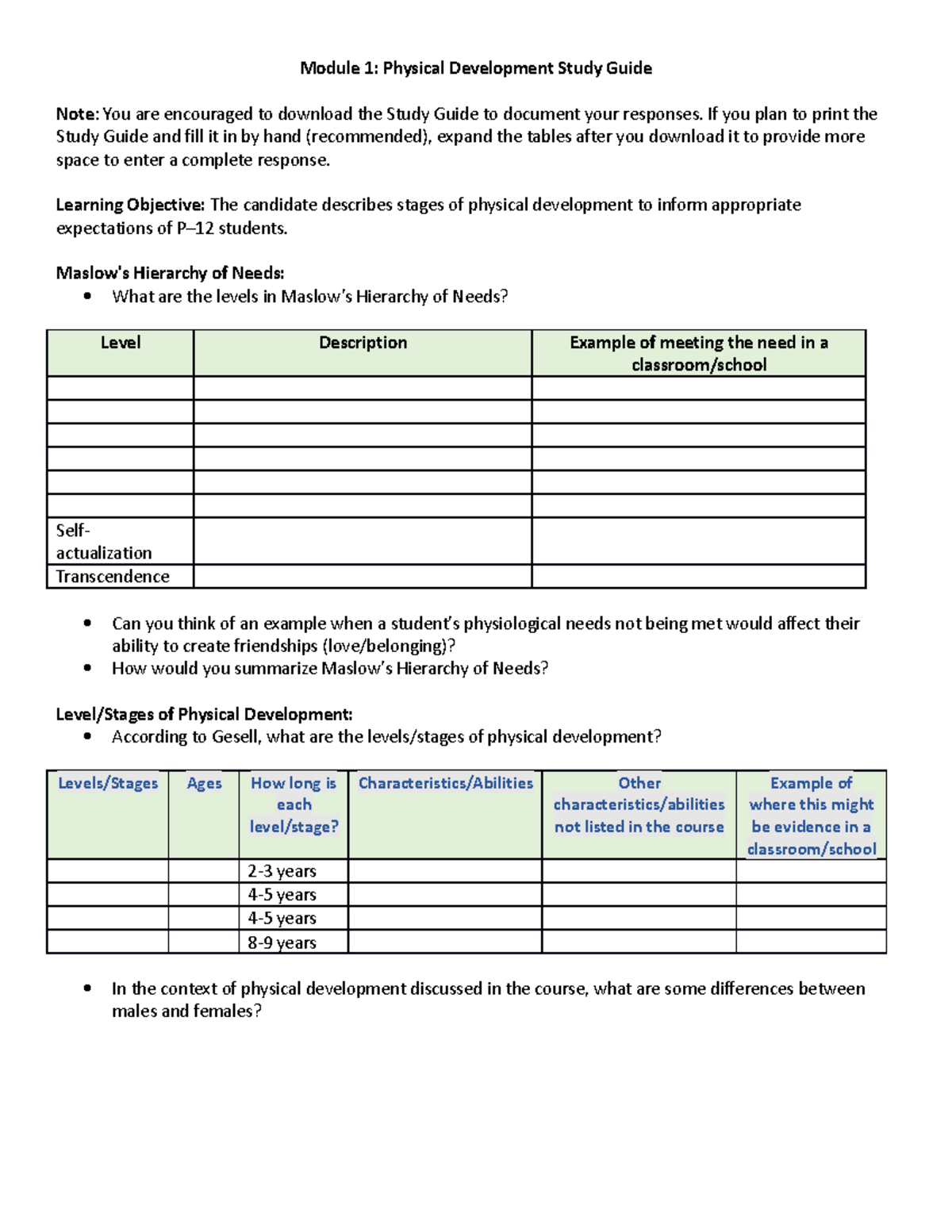 D094 D307 M1 Study Guide 1 - Module 1: Physical Development Study Guide ...