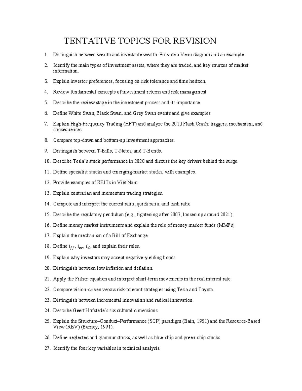 Proposed Revision Topics for Investment Analysis (FIN 101) - Studocu