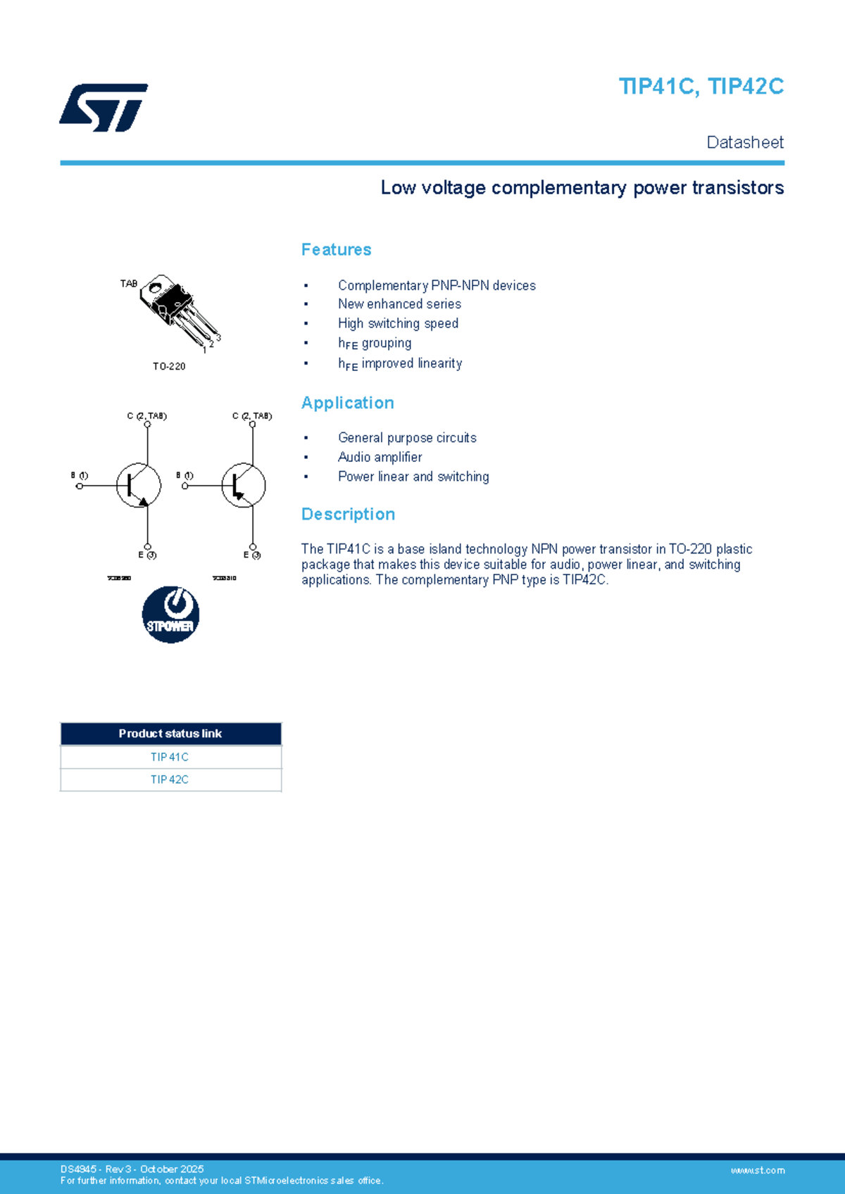 TIP41C, TIP42C Datasheet: Low Voltage Complementary Power Transistors ...