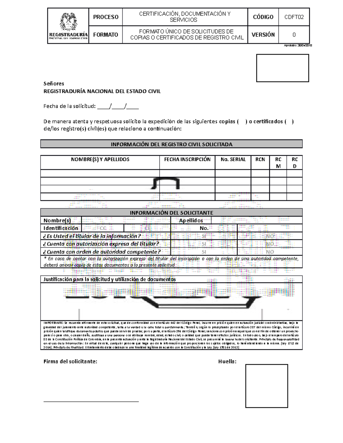 Formato Solicitud DE Registro Civil - PROCESO CERTIFICACIÓN ...