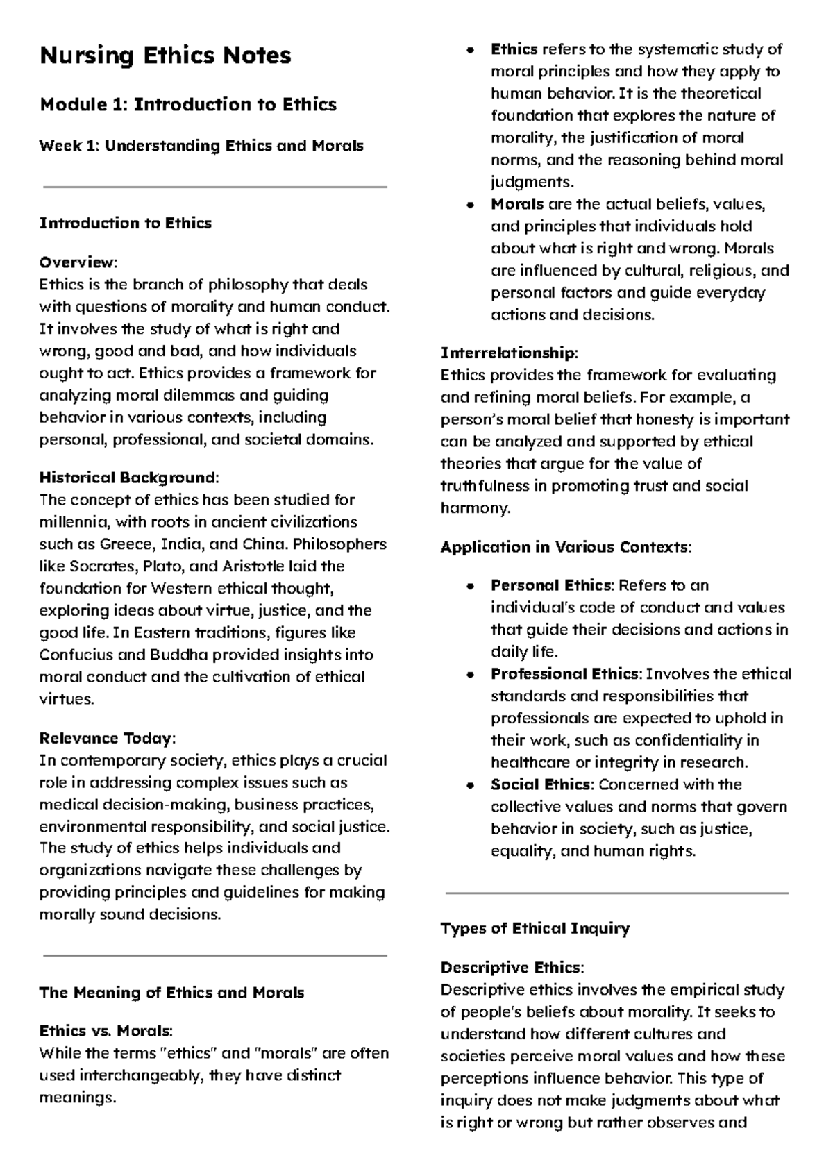 ES Nursing Ethics Notes: Module 1 - Intro to Ethics and Morals - Studocu