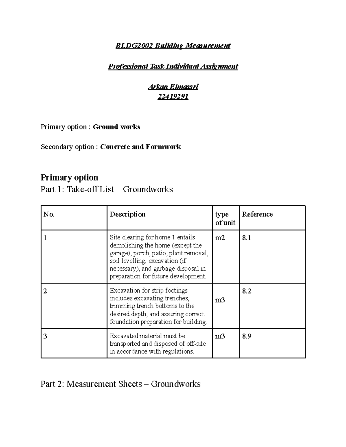 BLDG2002 Building Measurement Assessment 2: Groundworks & Concrete ...