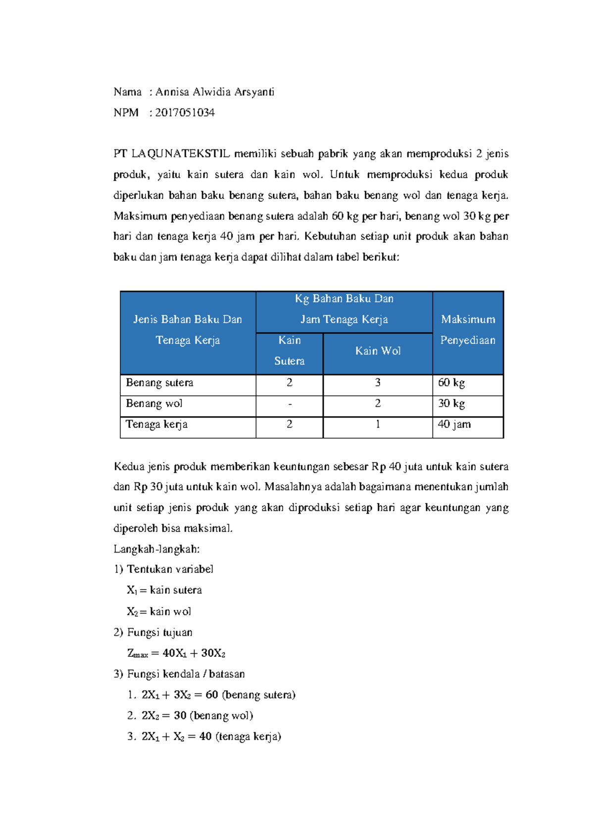Contoh Soal Operasi Riset: Optimalisasi Produksi Kain (2017051034 ...