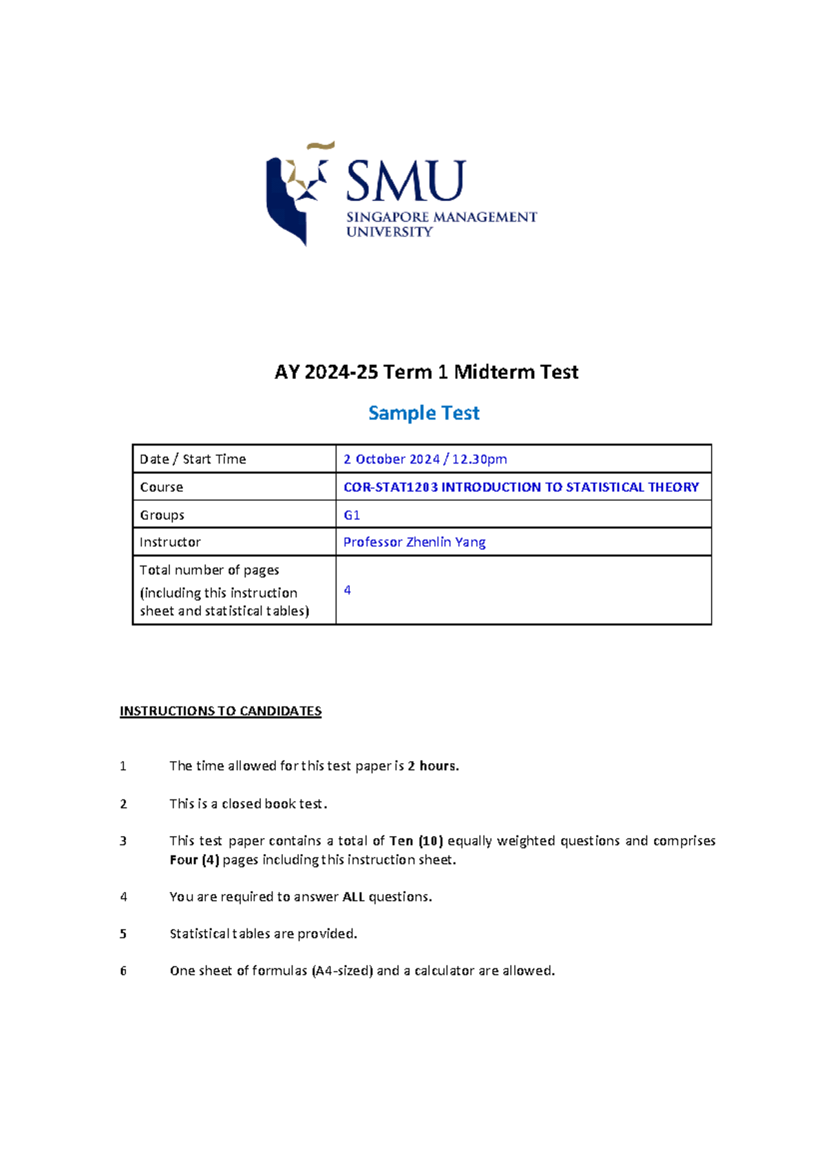 COR-STAT1203 Term 1 Midterm Test Sample - October 2024 - Studocu