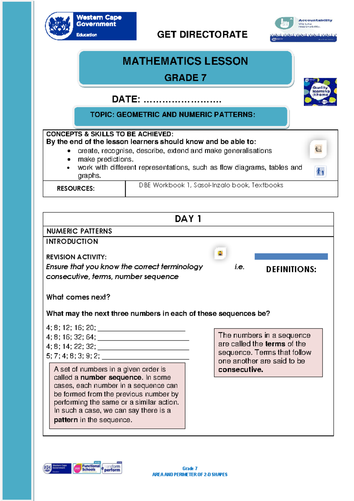 GET DIRECTORATE MATHEMATICS LESSON GRADE 7: GEOMETRIC & NUMERIC ...