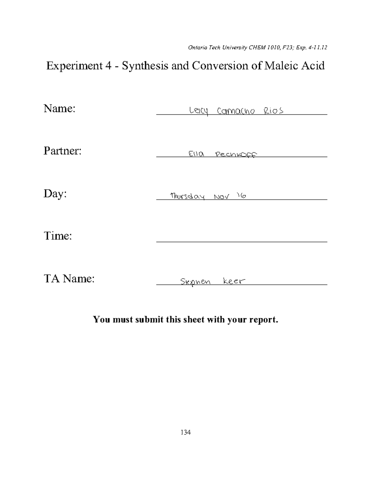 Chem lab - Lab - Experiment 4 - Synthesis and Conversion of Maleic Acid ...
