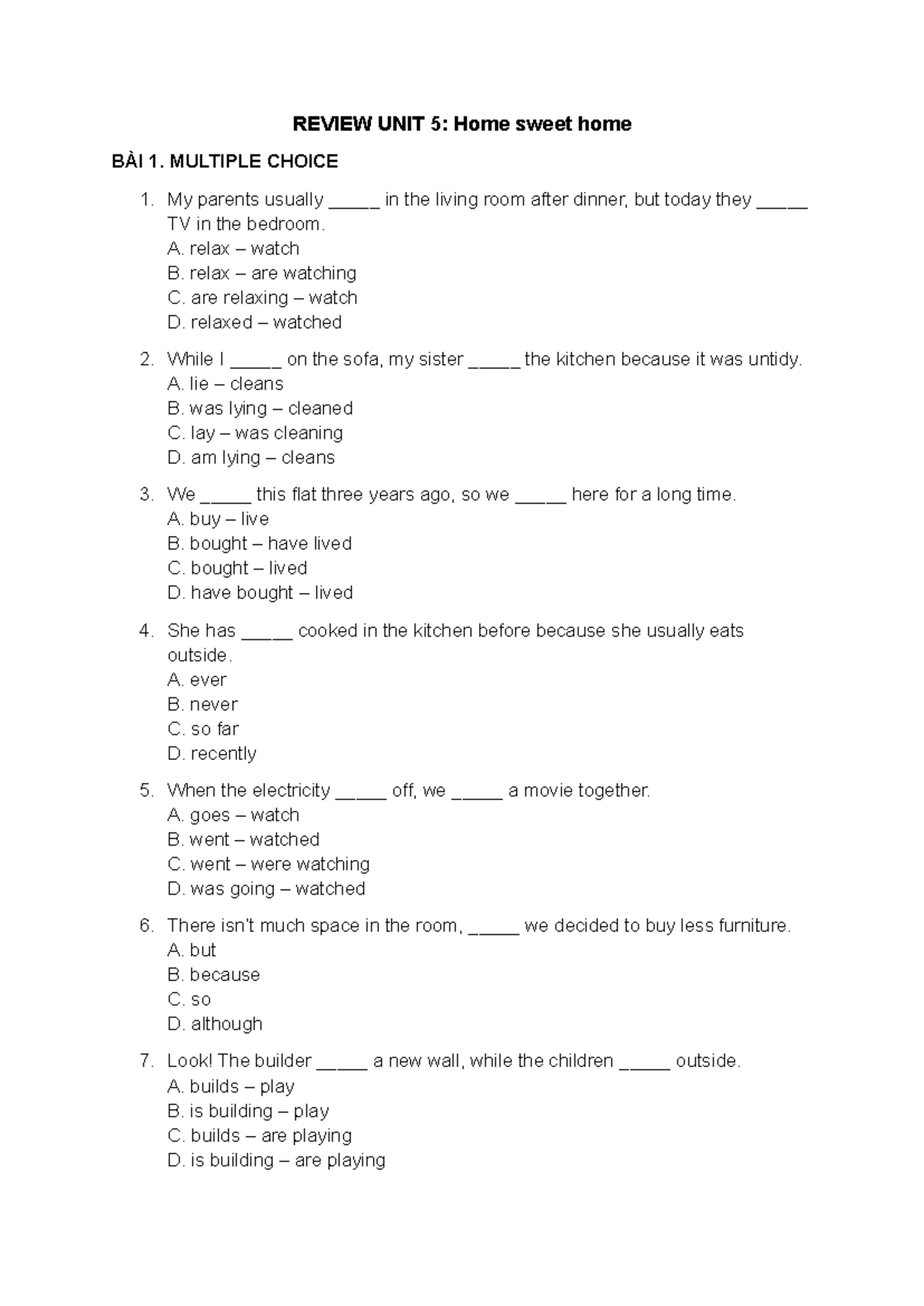 REVIEW UNIT 5: Home Sweet Home - Multiple Choice & Exercises - Studocu