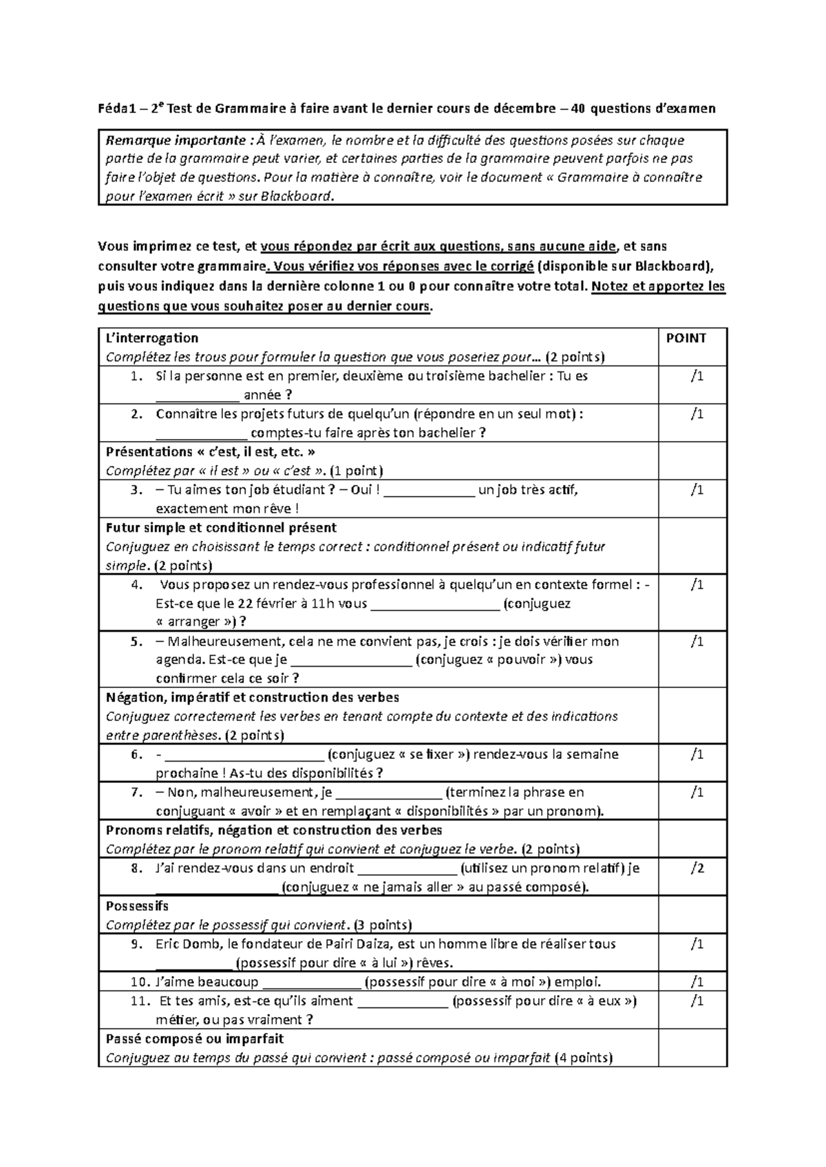 Féda1 2e Test de Grammaire à Compléter avant le Dernier Cours - Studocu