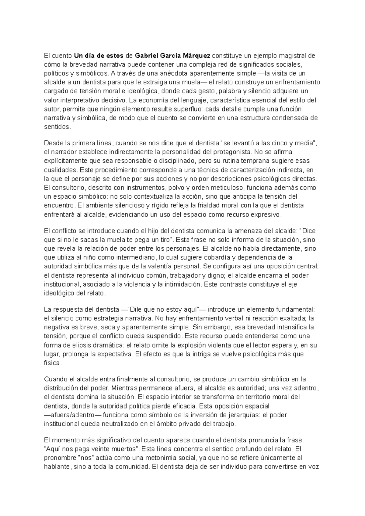 Análisis del cuento "Un día de estos" de G. García Márquez - Studocu