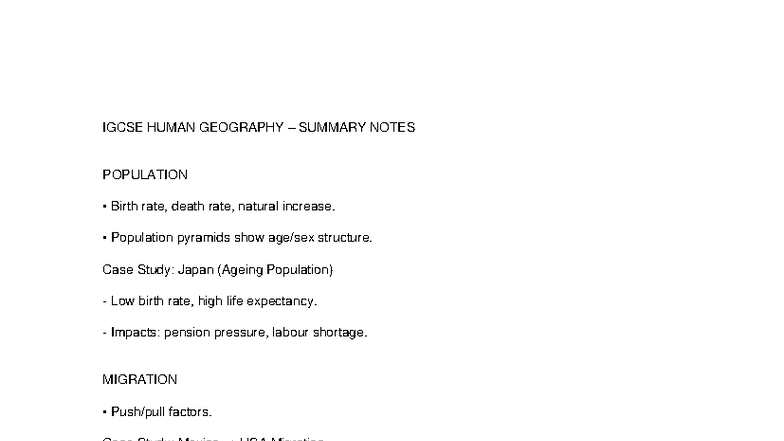 IGCSE Human Geography Summary Notes: Population, Migration ...